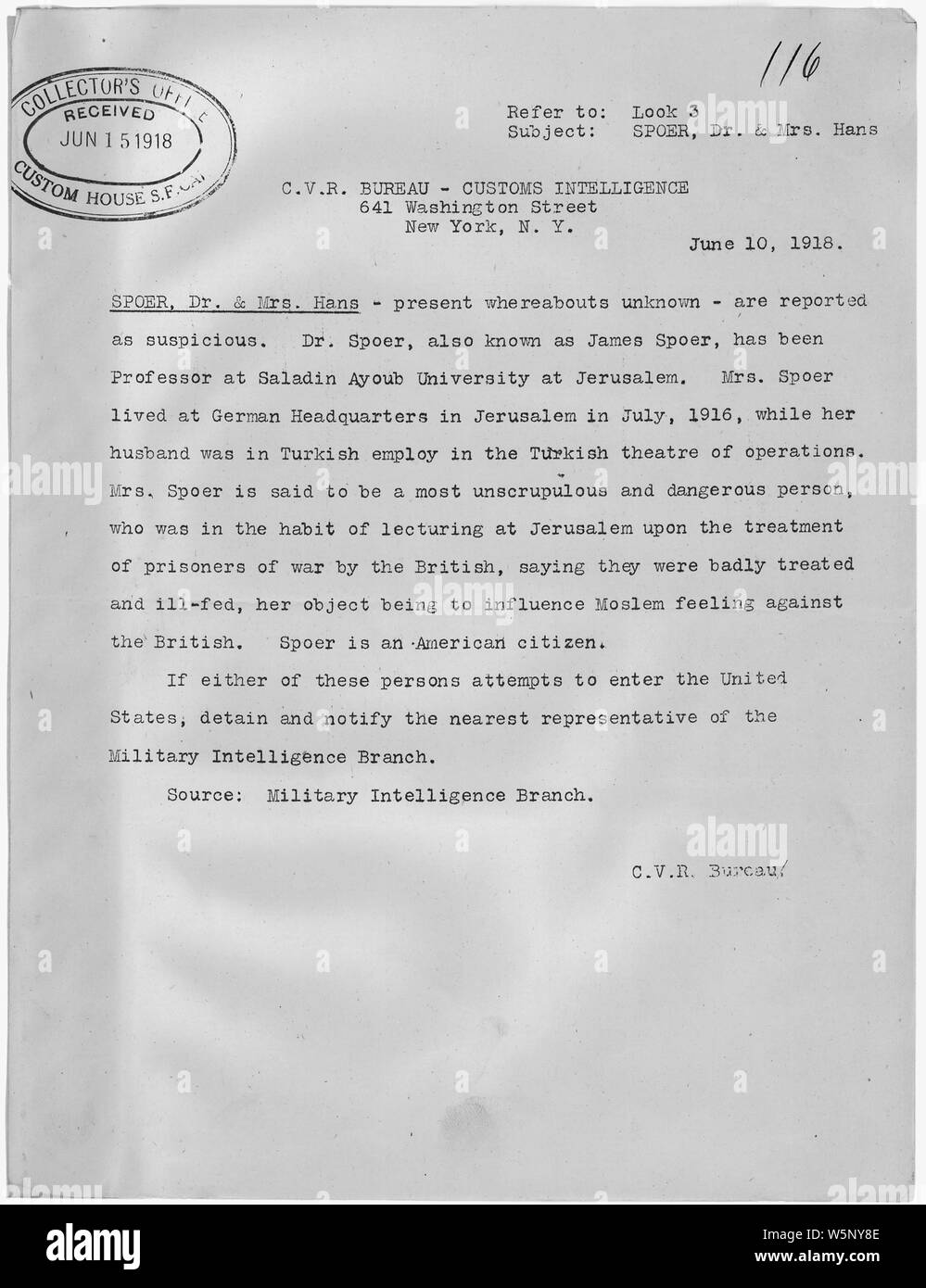 Intelligence Division Passenger Report: Dr. and Mrs. Hans Spoer.; Scope ...