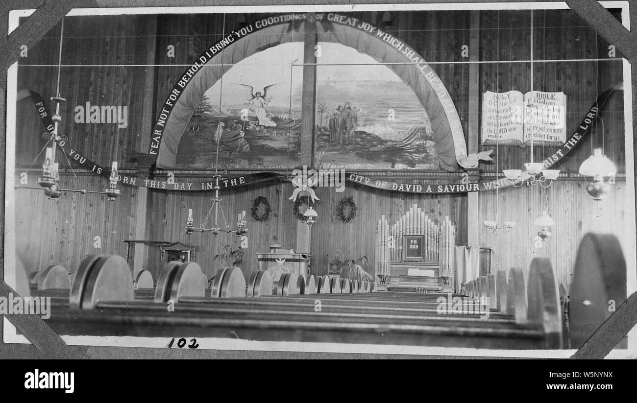 Interior of Metlakahtla, Alaska, Church with view of altar Christmas ...
