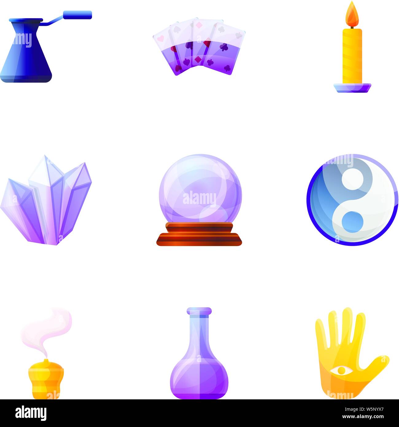 Magic object icon set. Cartoon set of 9 magic object vector icons for ...
