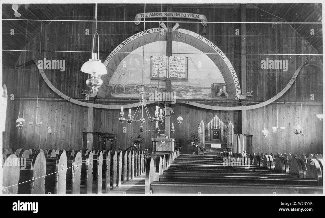Interior of Metlakahtla, Alaska, Church with view of altar Christmas ...