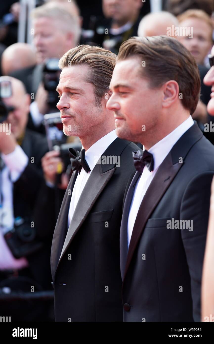 American actors Brad Pitt, left, and Leonardo DiCaprio arrive on the red carpet for the premiere ...