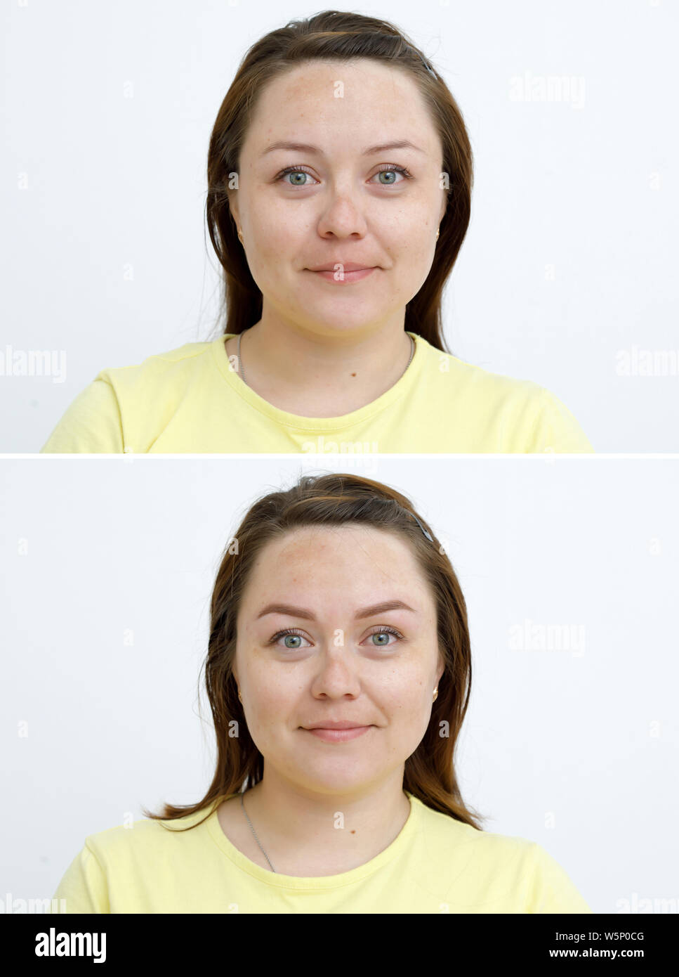 Photo comparison before and after permanent makeup, tattooing of eyebrows for woman in beauty ...