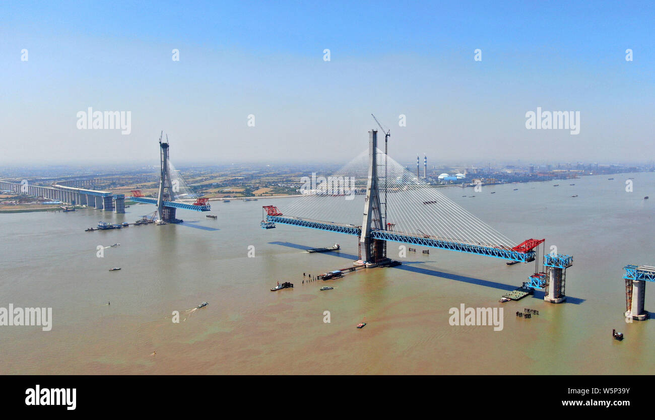 The No.28 main pier of the world's longest cable-stayed bridge, the ...