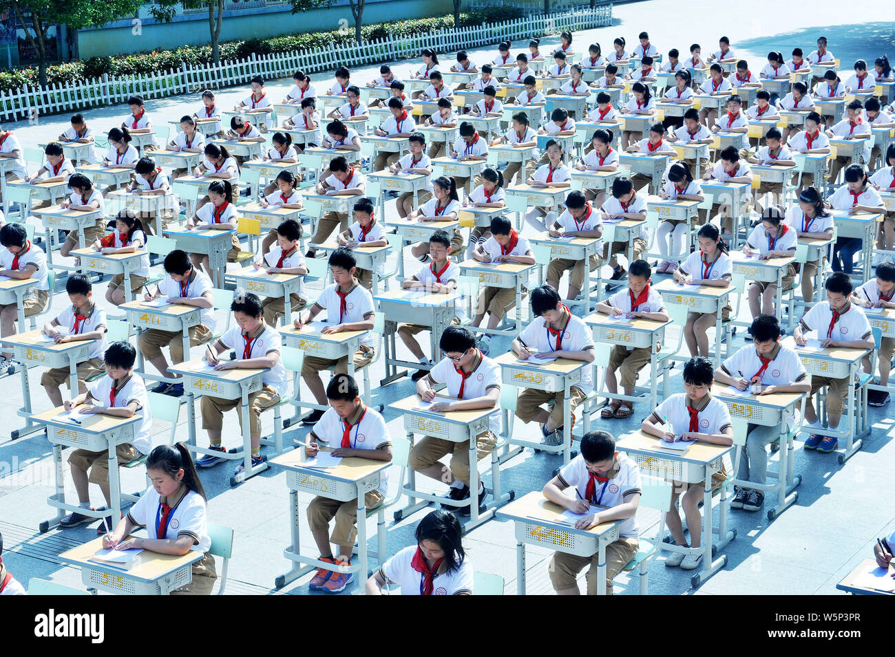 Chinese primary school students sit in rows as they practice ...