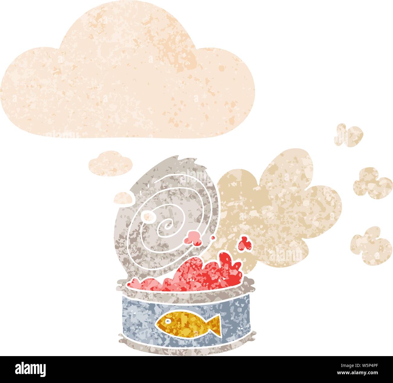cartoon smelly can of fish with thought bubble in grunge distressed ...