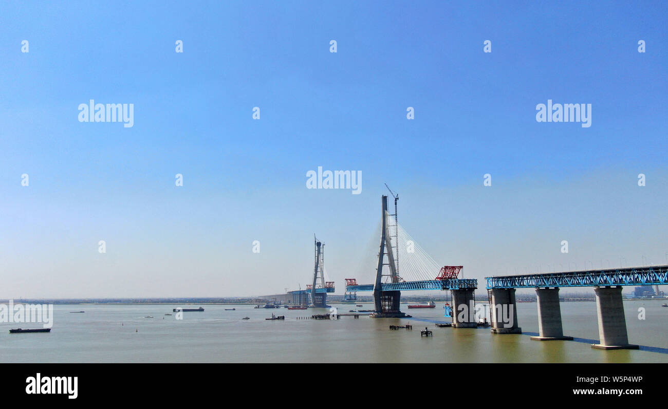 The No.28 main pier of the world's longest cable-stayed bridge, the ...