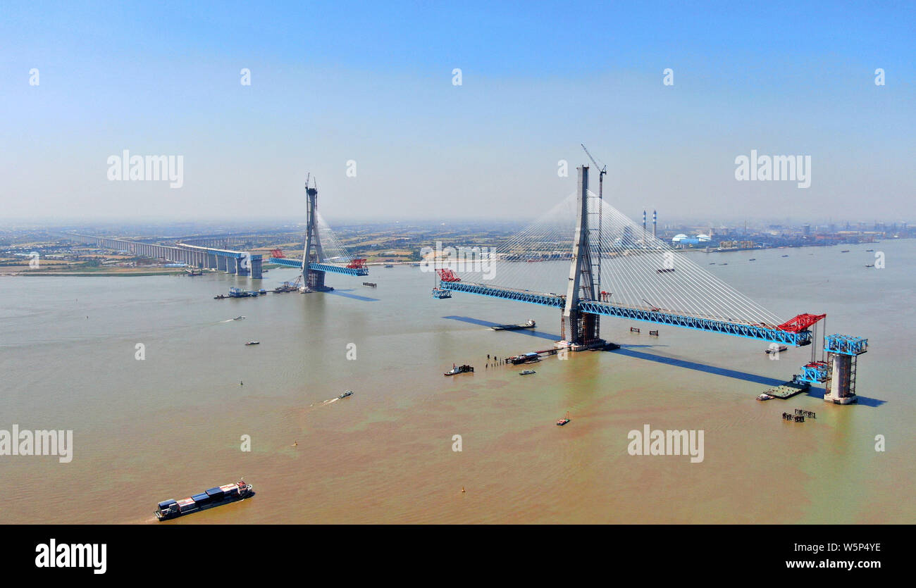 The No.28 main pier of the world's longest cable-stayed bridge, the ...