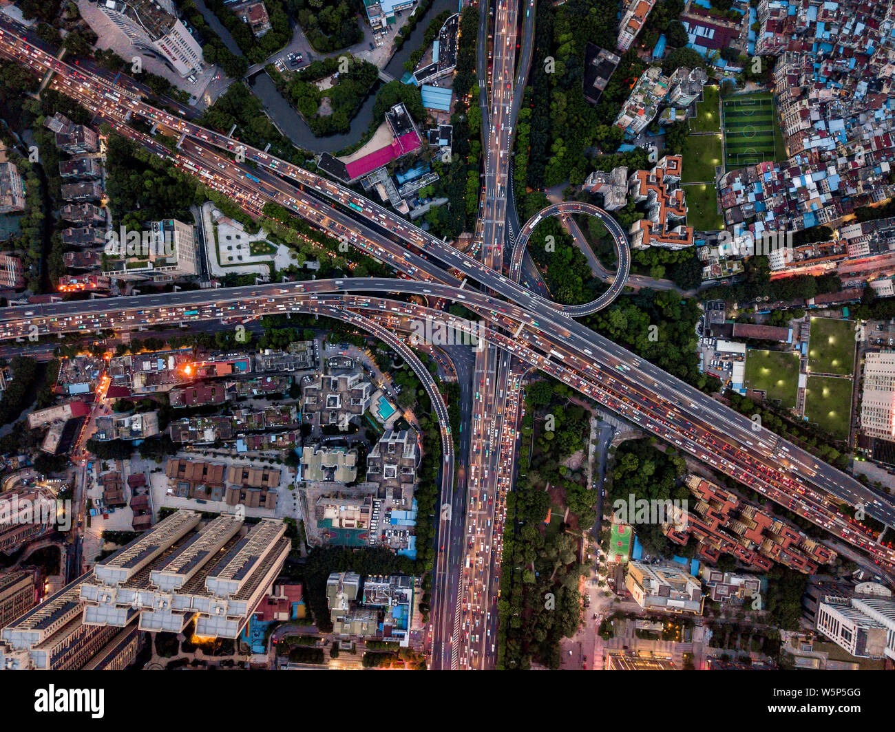 --FILE--An aerial view of elevated highways, viaducts and clusters of ...