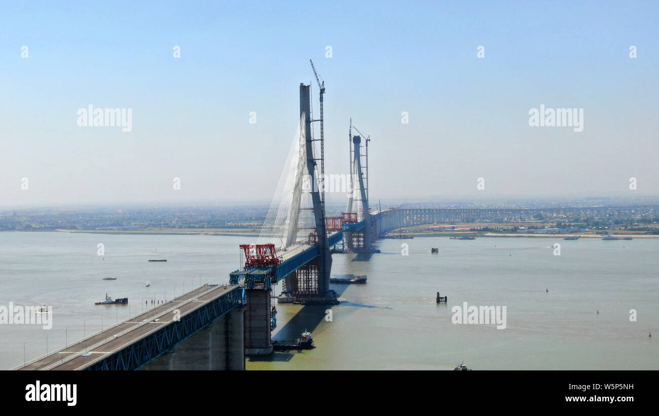 The No.28 main pier of the world's longest cable-stayed bridge, the ...