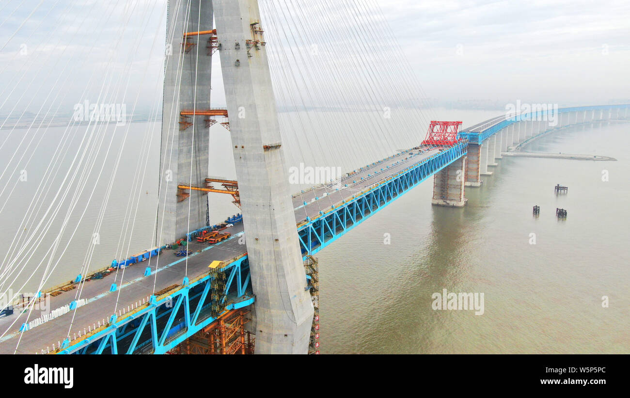 View of the steel truss girder of the world's longest cable-stayed ...