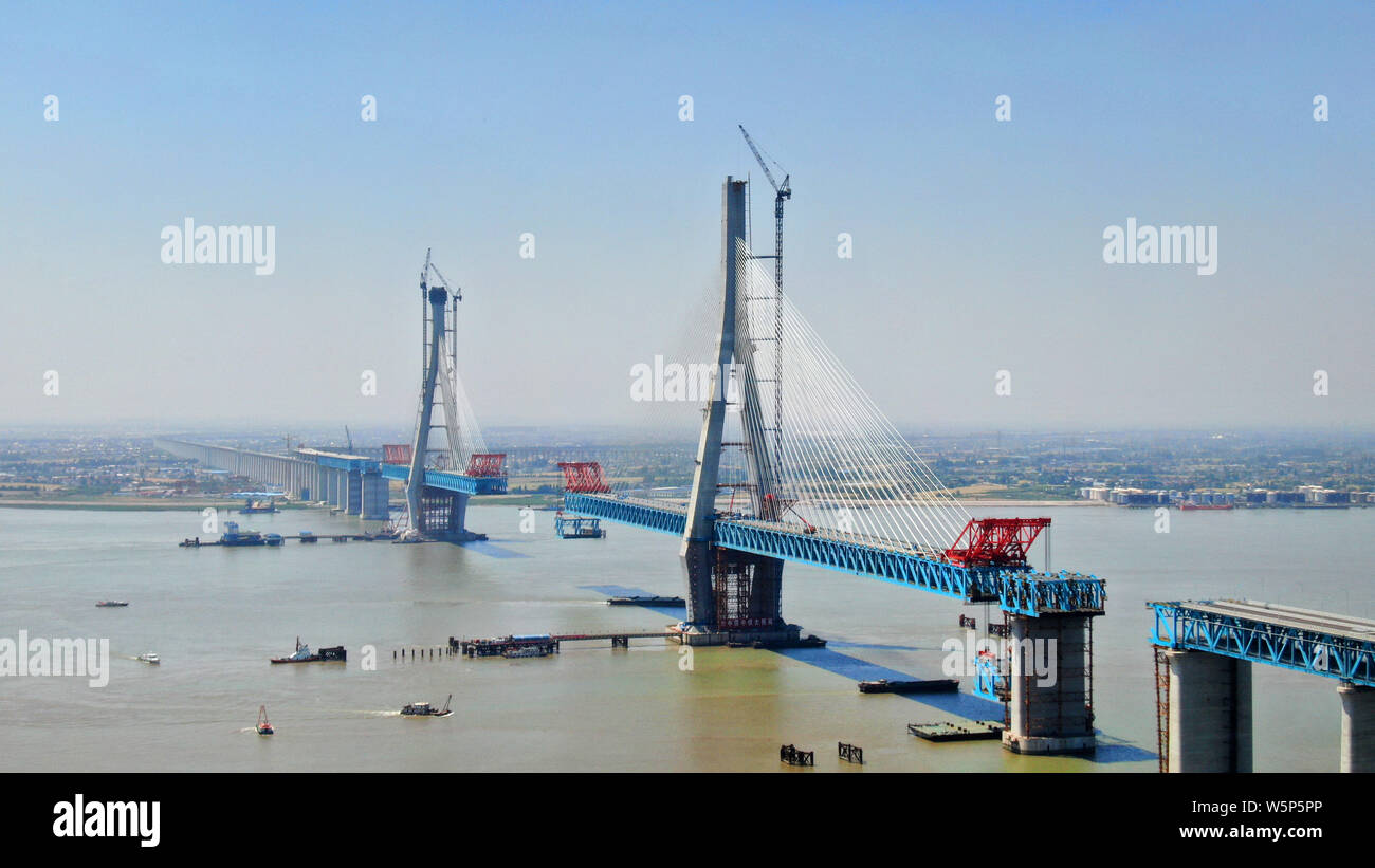 The No.28 main pier of the world's longest cable-stayed bridge, the ...