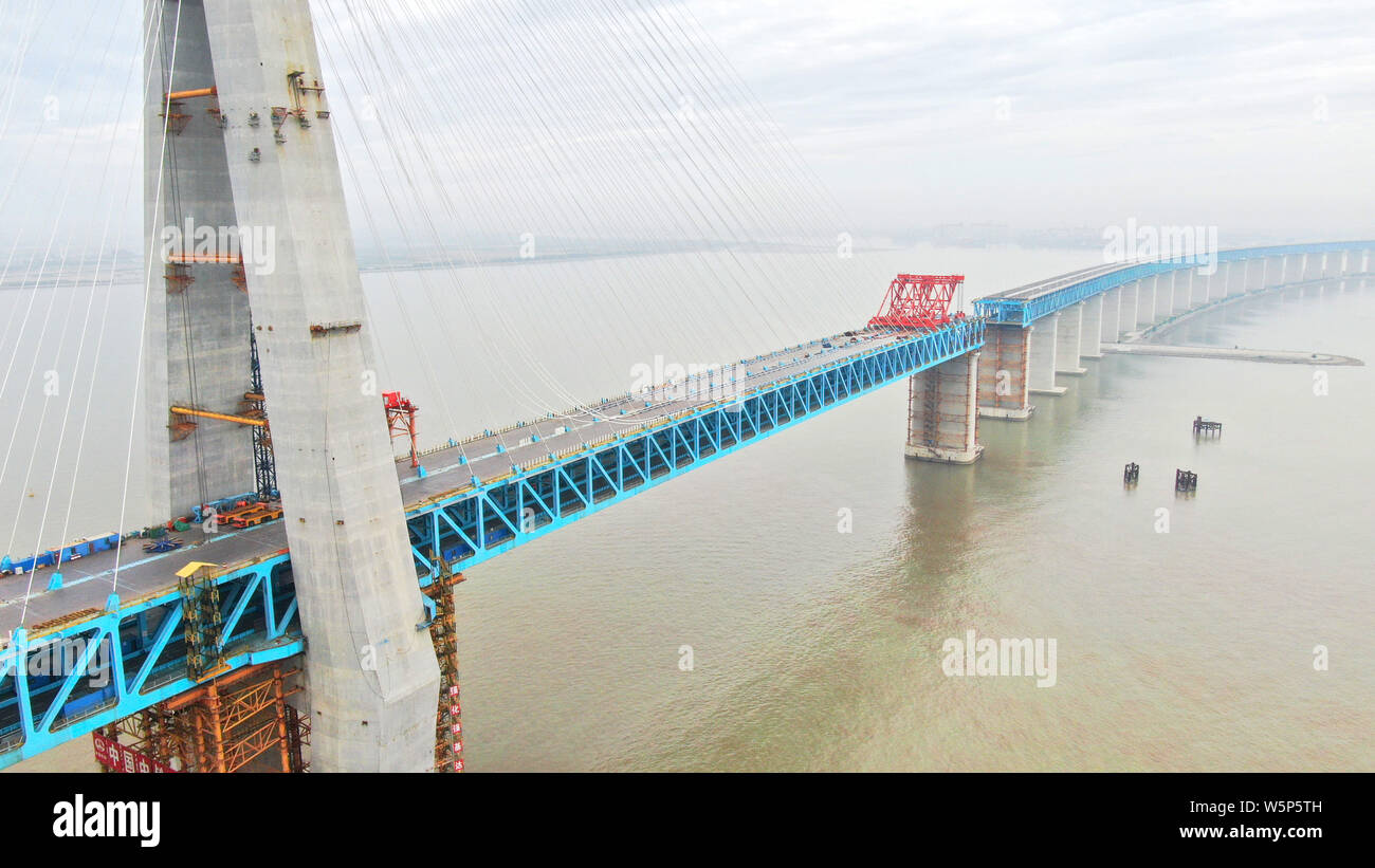 View of the steel truss girder of the world's longest cable-stayed ...