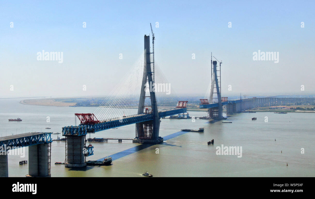 The No.28 main pier of the world's longest cable-stayed bridge, the ...