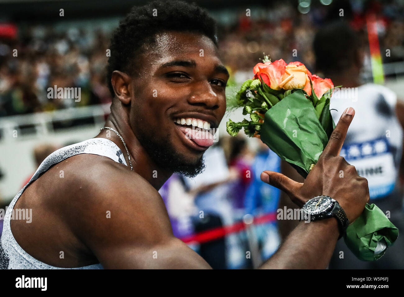 American professional track and field athlete Noah Lyles celebrates ...