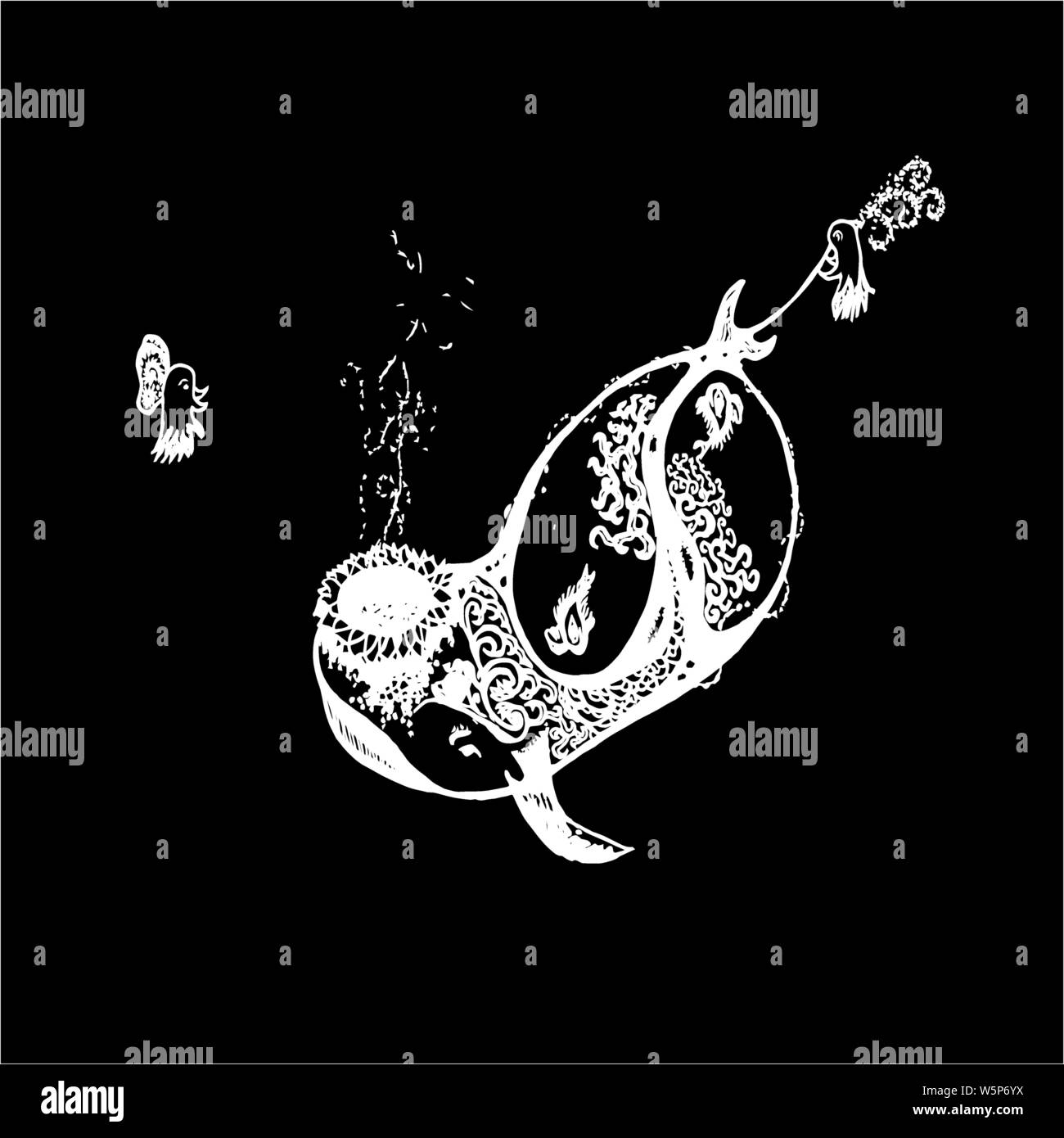 Black and white illustration of octopus smoking through a whale Stock ...