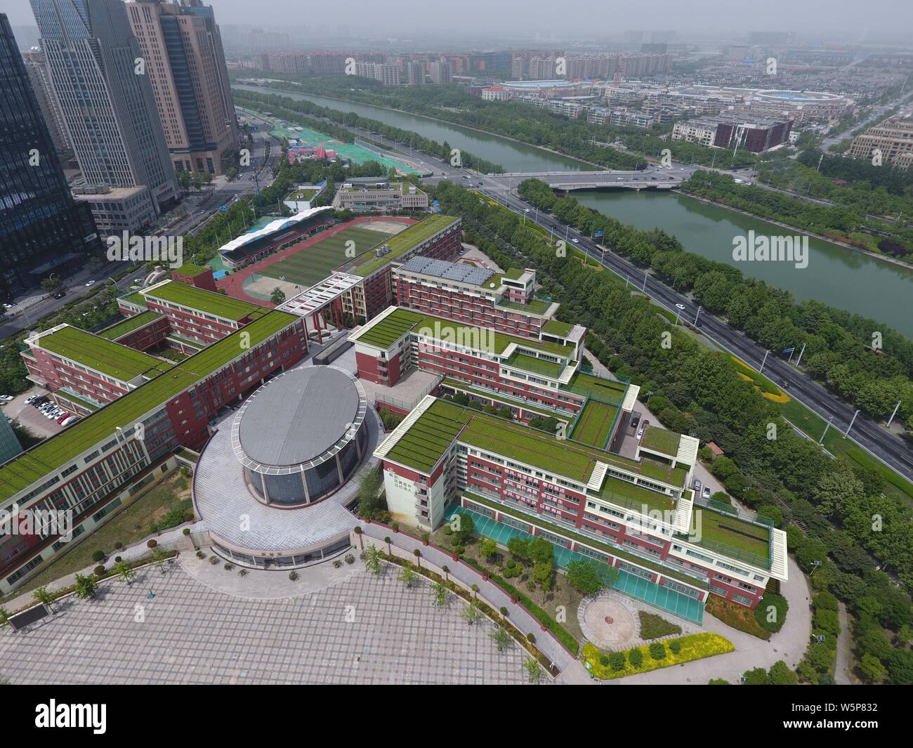 Aerial view of rooftop greening on high-rising buildings in Zhengdong ...