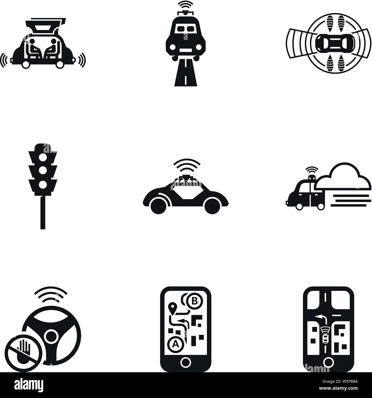 Driverless car route icon set. Simple set of 9 driverless car route ...