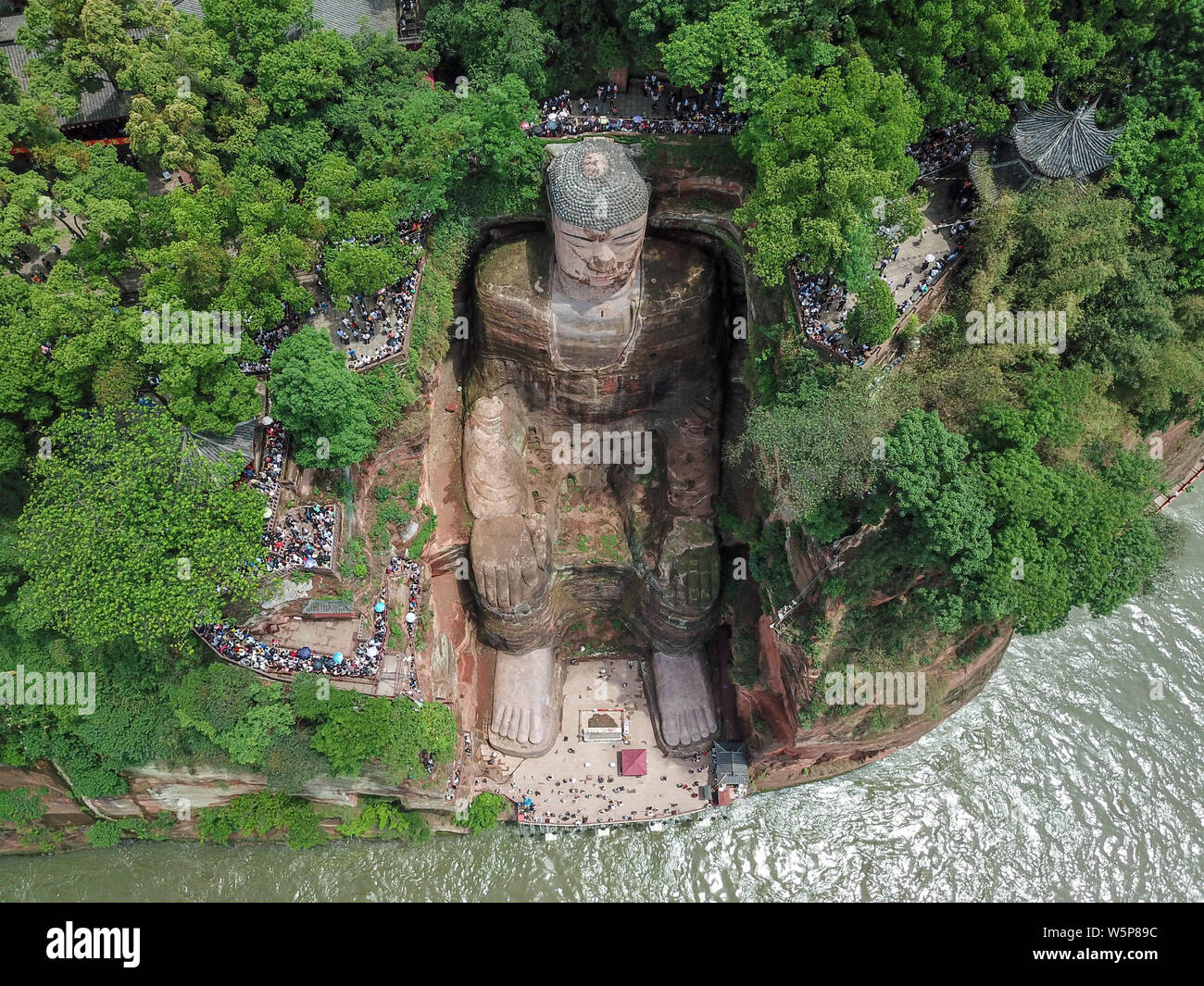 Aerial view of the Leshan Giant Buddha after renovating its damaged ...