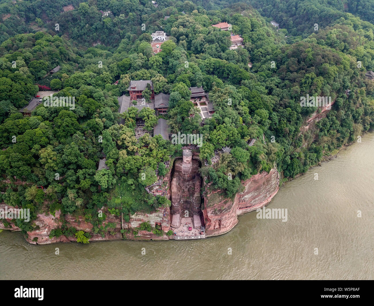 Aerial view of the Leshan Giant Buddha after renovating its damaged ...