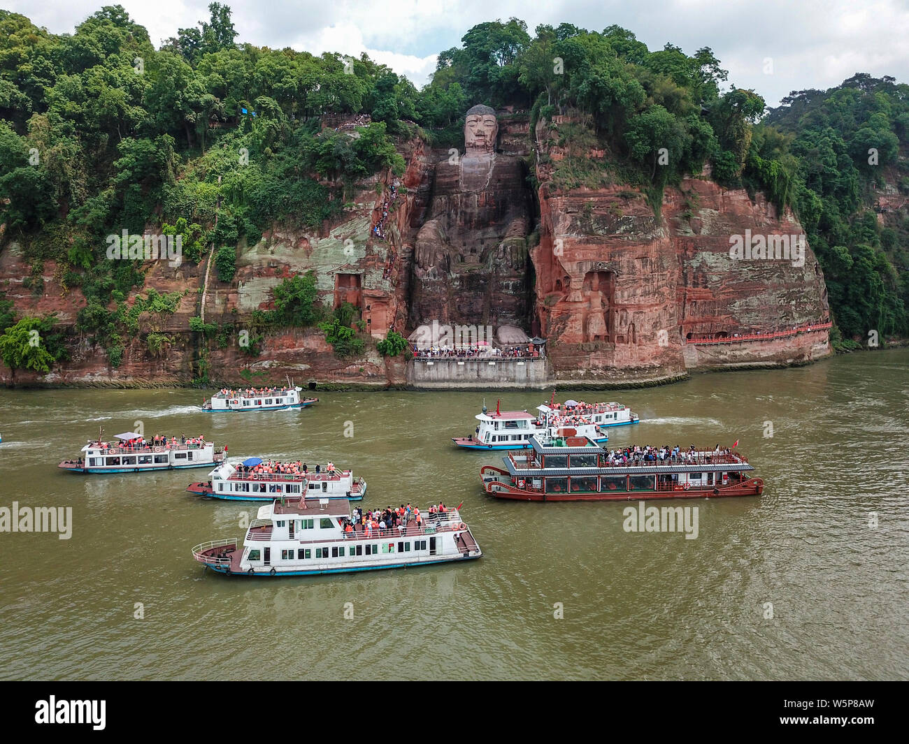 Aerial view of the Leshan Giant Buddha after renovating its damaged ...