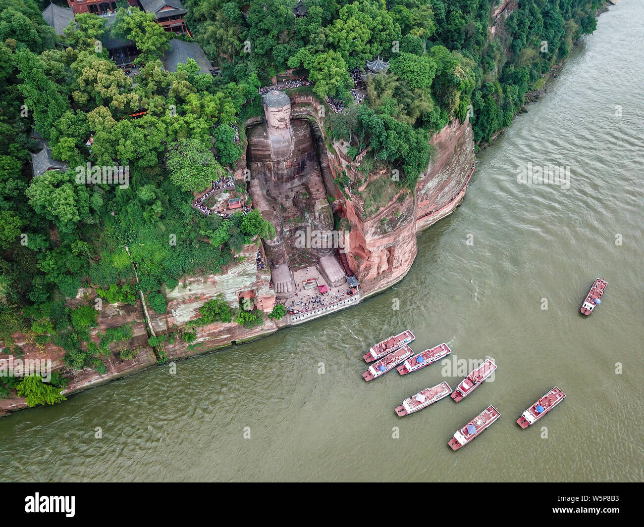 Aerial view of the Leshan Giant Buddha after renovating its damaged ...