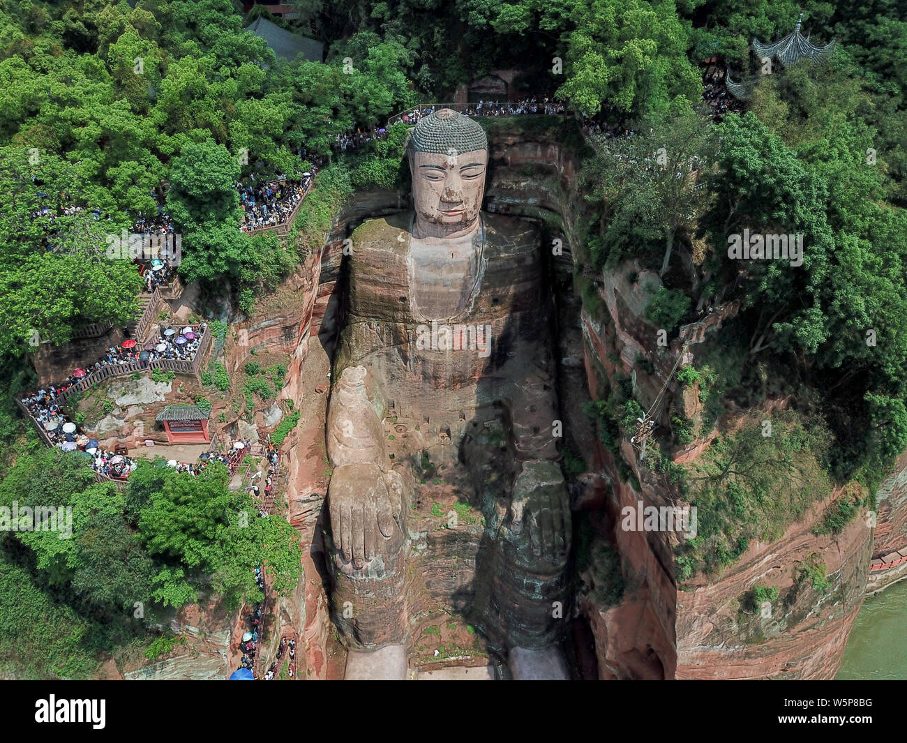 Aerial view of the Leshan Giant Buddha after renovating its damaged ...