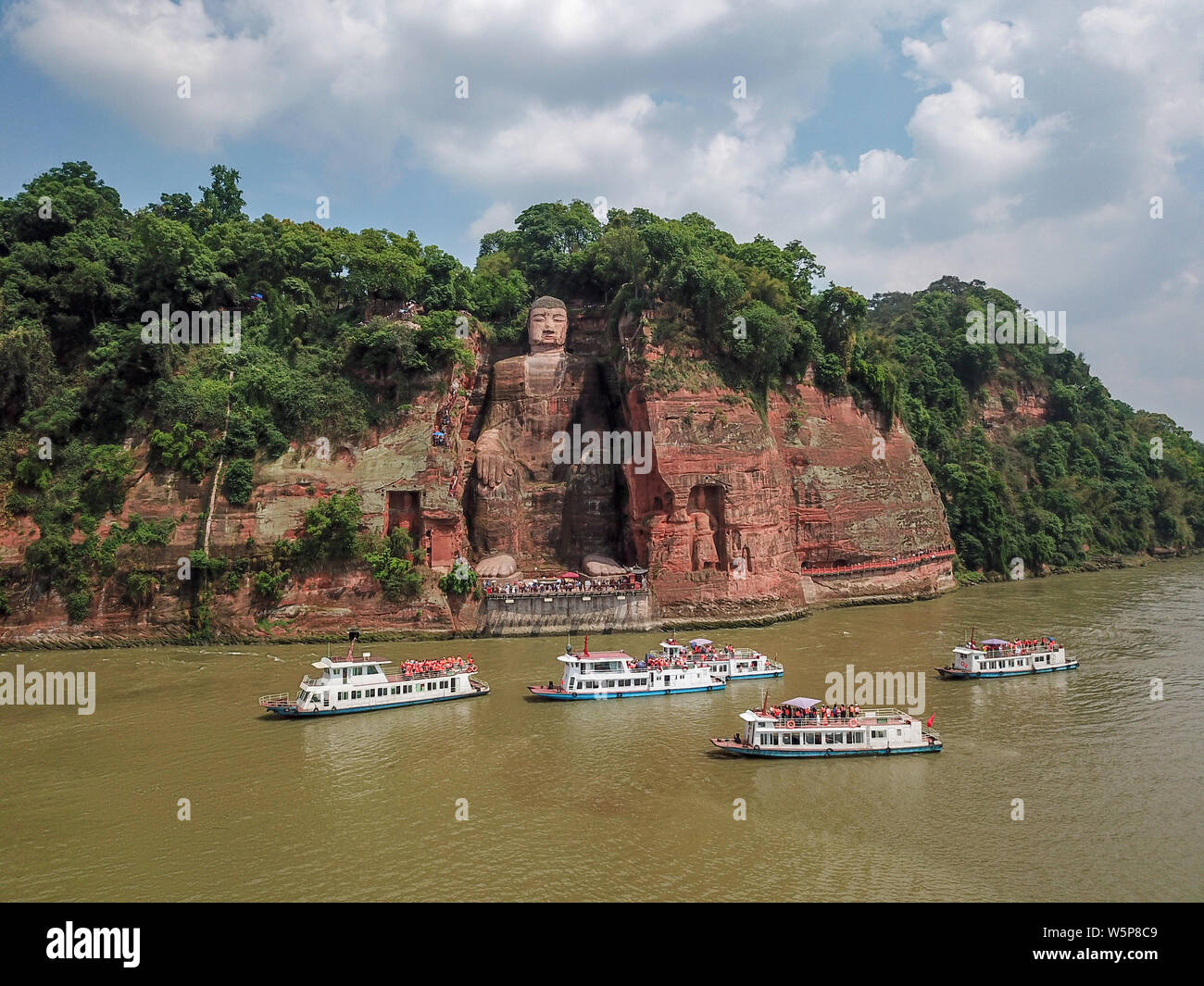 Aerial view of the Leshan Giant Buddha after renovating its damaged ...