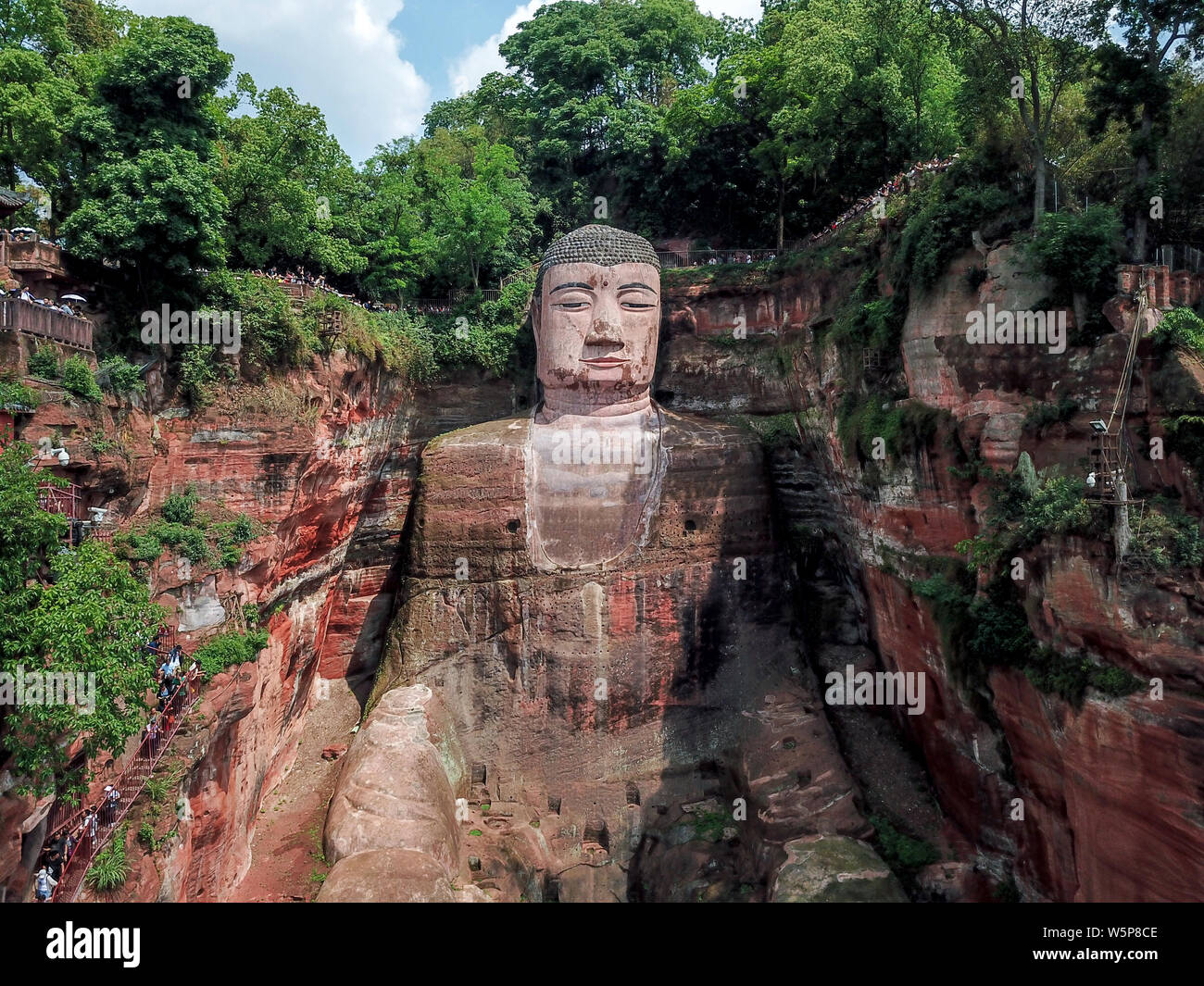 Aerial view of the Leshan Giant Buddha after renovating its damaged ...