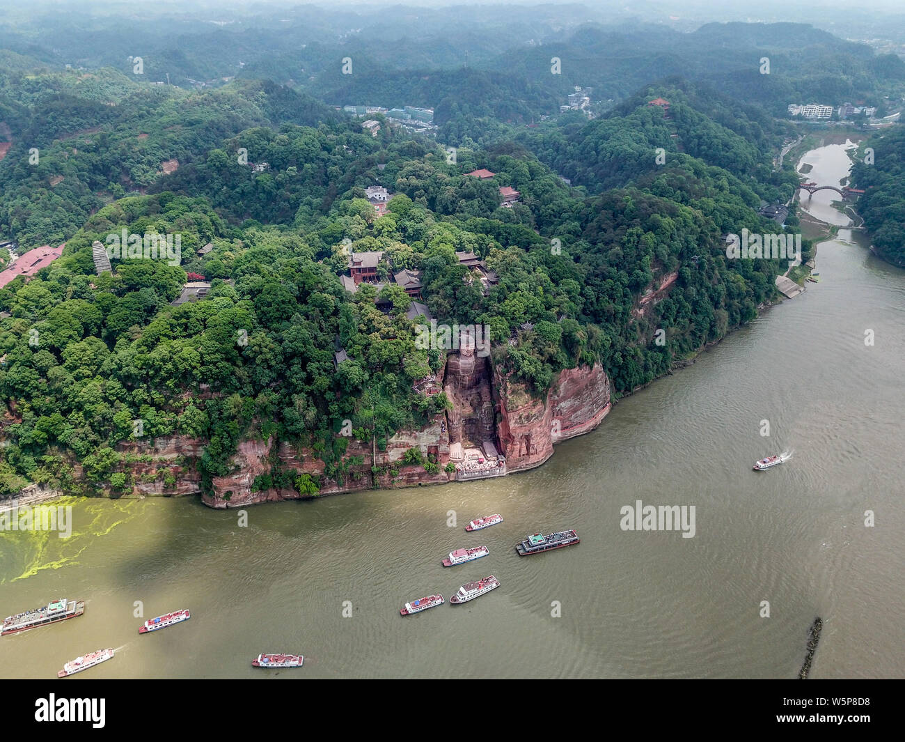 Aerial view of the Leshan Giant Buddha after renovating its damaged ...
