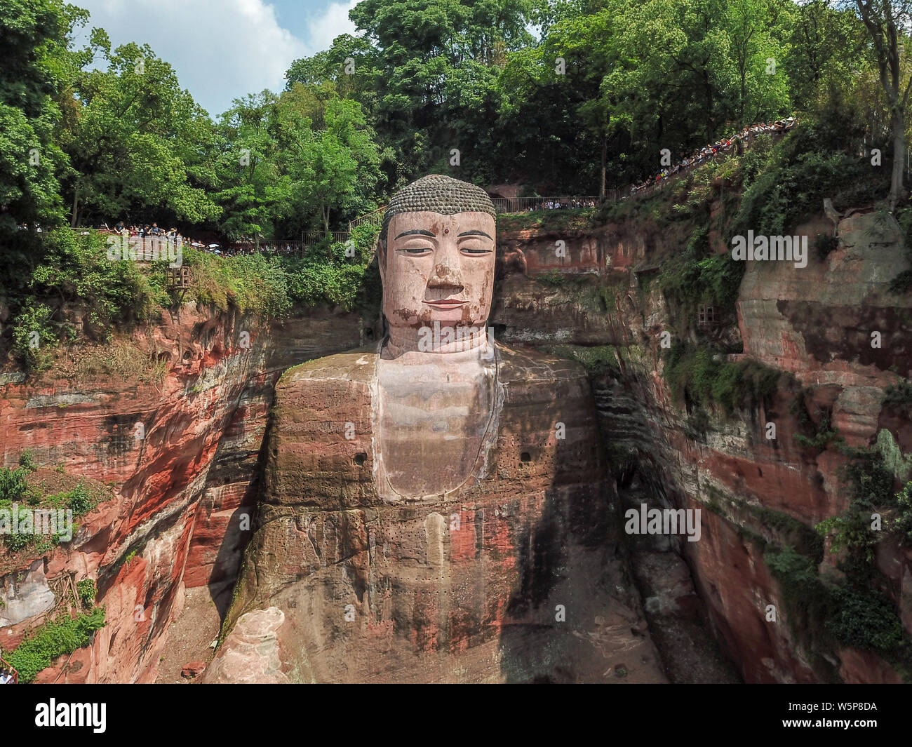 Aerial view of the Leshan Giant Buddha after renovating its damaged ...
