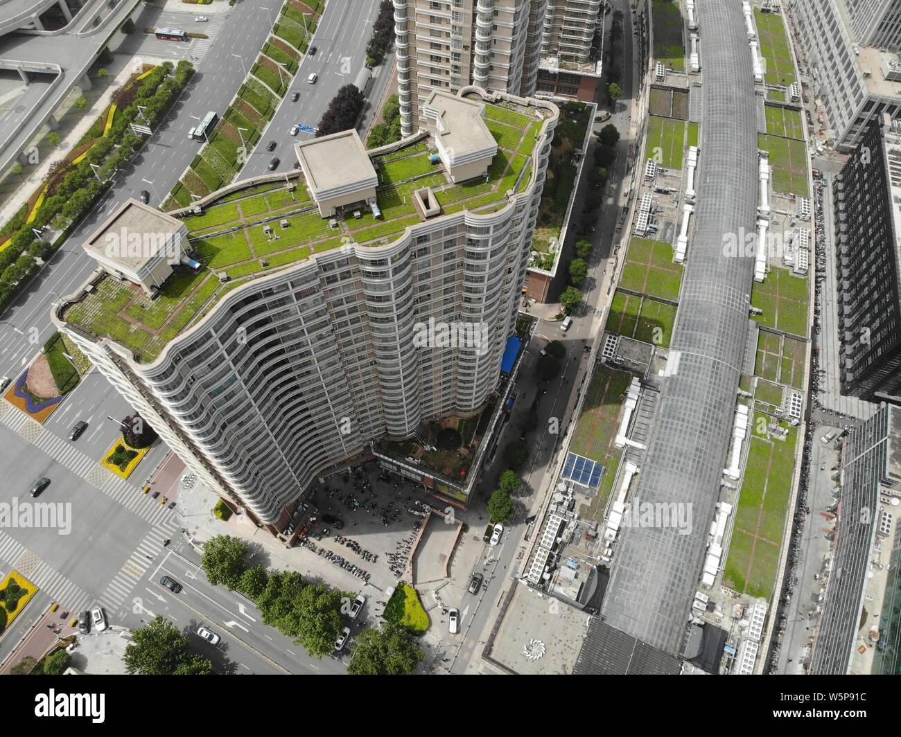 Aerial view of rooftop greening on high-rising buildings in Zhengdong ...