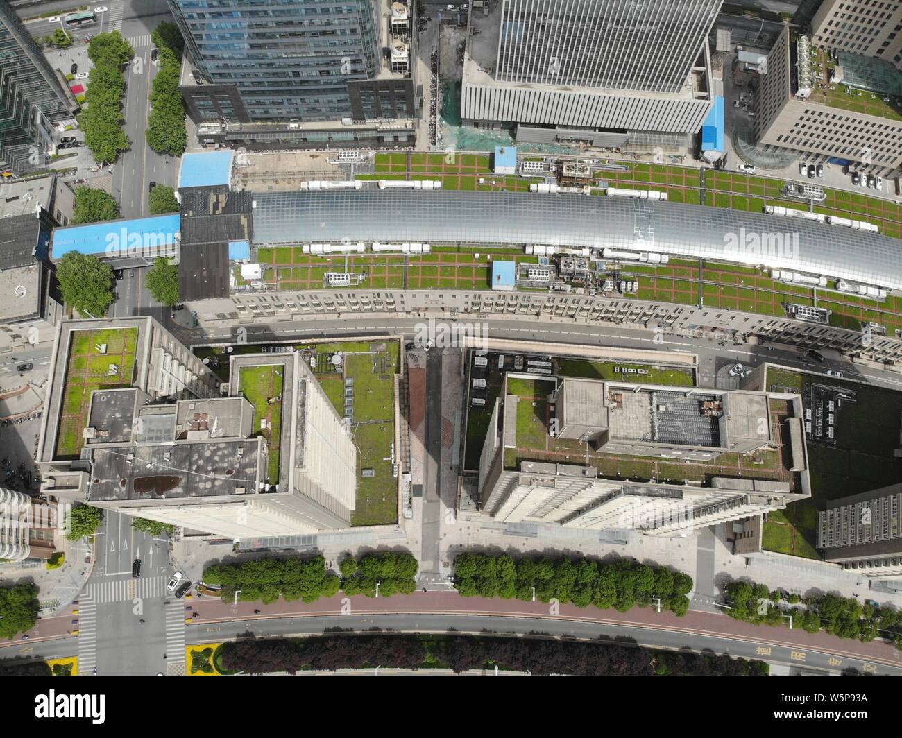 Aerial view of rooftop greening on high-rising buildings in Zhengdong ...