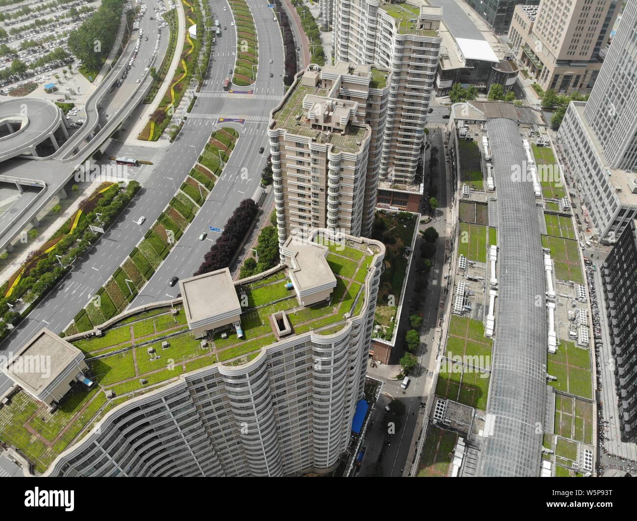 Aerial view of rooftop greening on high-rising buildings in Zhengdong ...