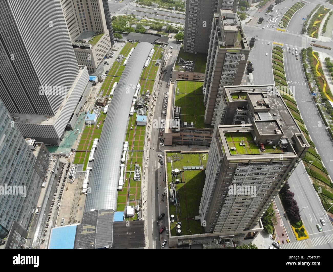 Aerial view of rooftop greening on high-rising buildings in Zhengdong ...