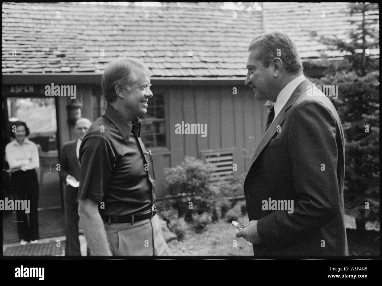 Jimmy Carter greets Ezer Weizman, Israeli Defense Minister Stock Photo ...