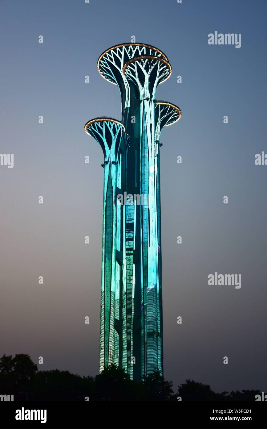 The watchtower at Olympic Forest Park is illuminated by colorful lights ...