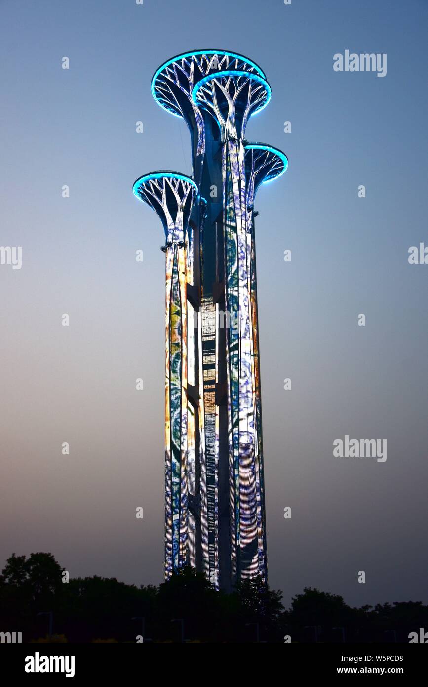 The watchtower at Olympic Forest Park is illuminated by colorful lights ...