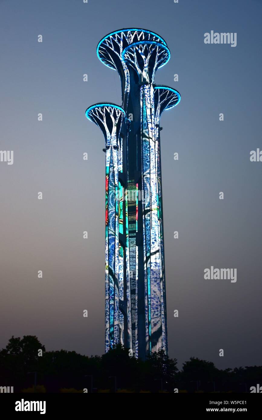 The watchtower at Olympic Forest Park is illuminated by colorful lights ...