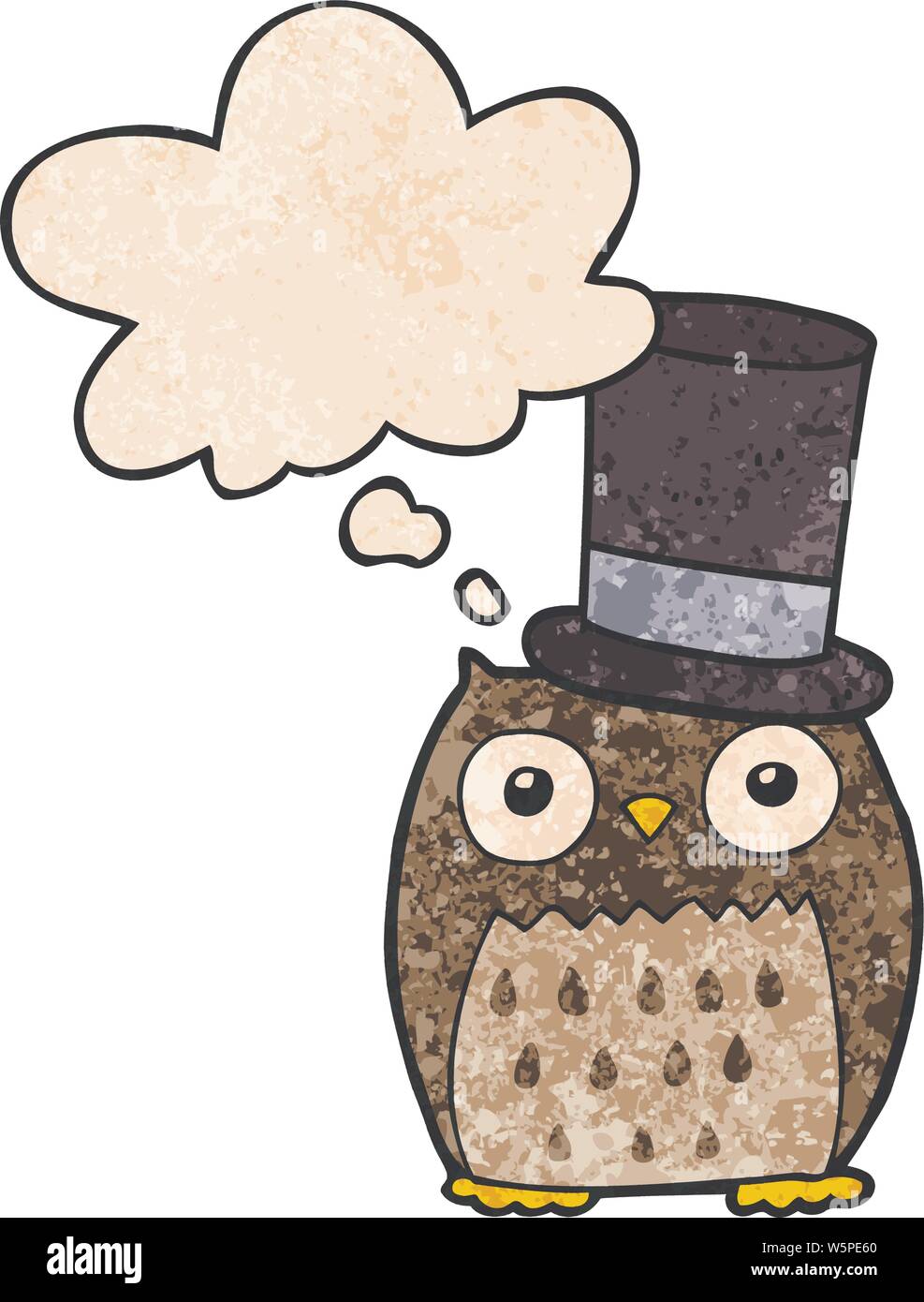 cartoon owl wearing top hat with thought bubble in grunge texture style ...
