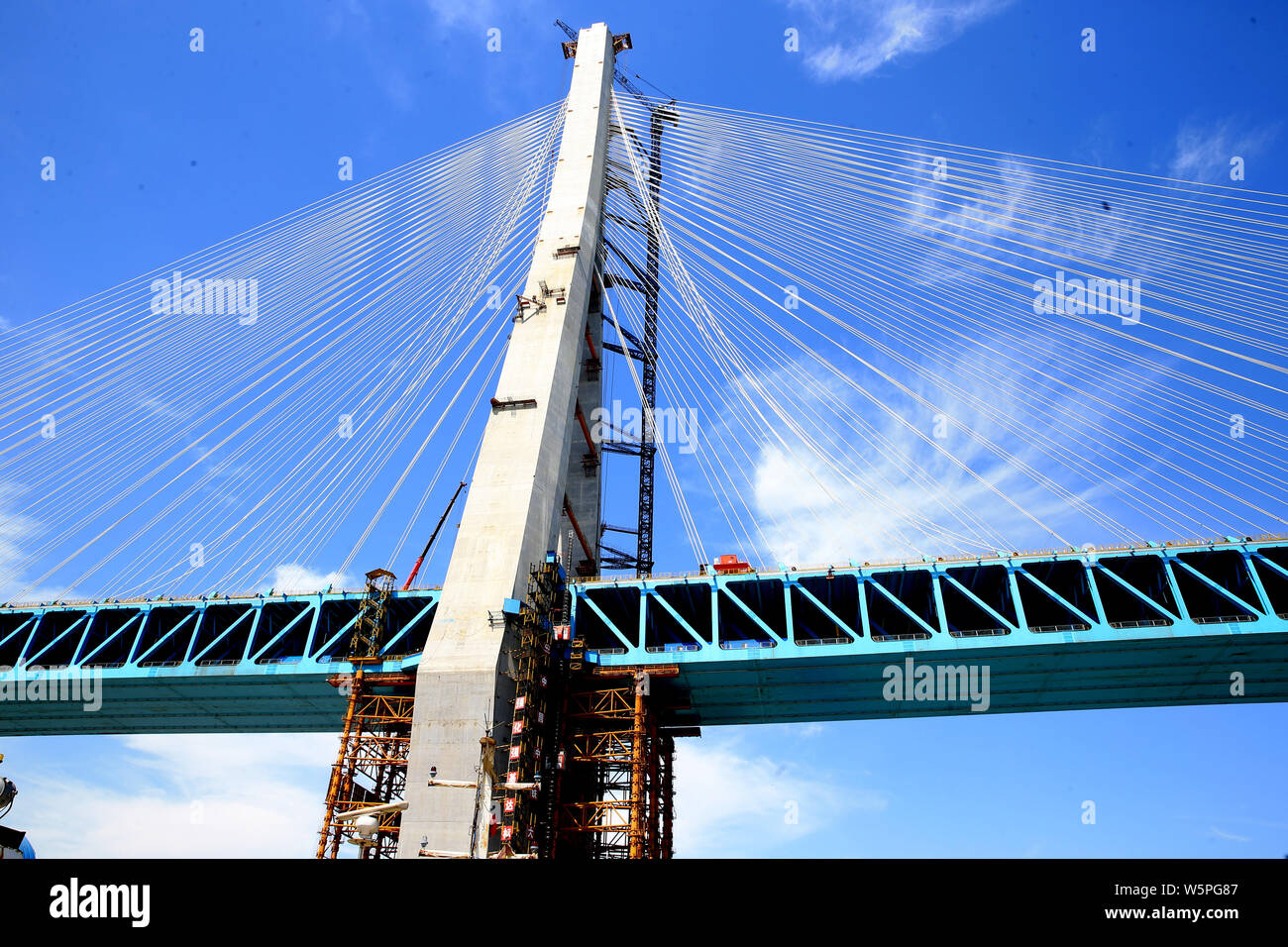 View of the steel truss girder of the world's longest cable-stayed ...