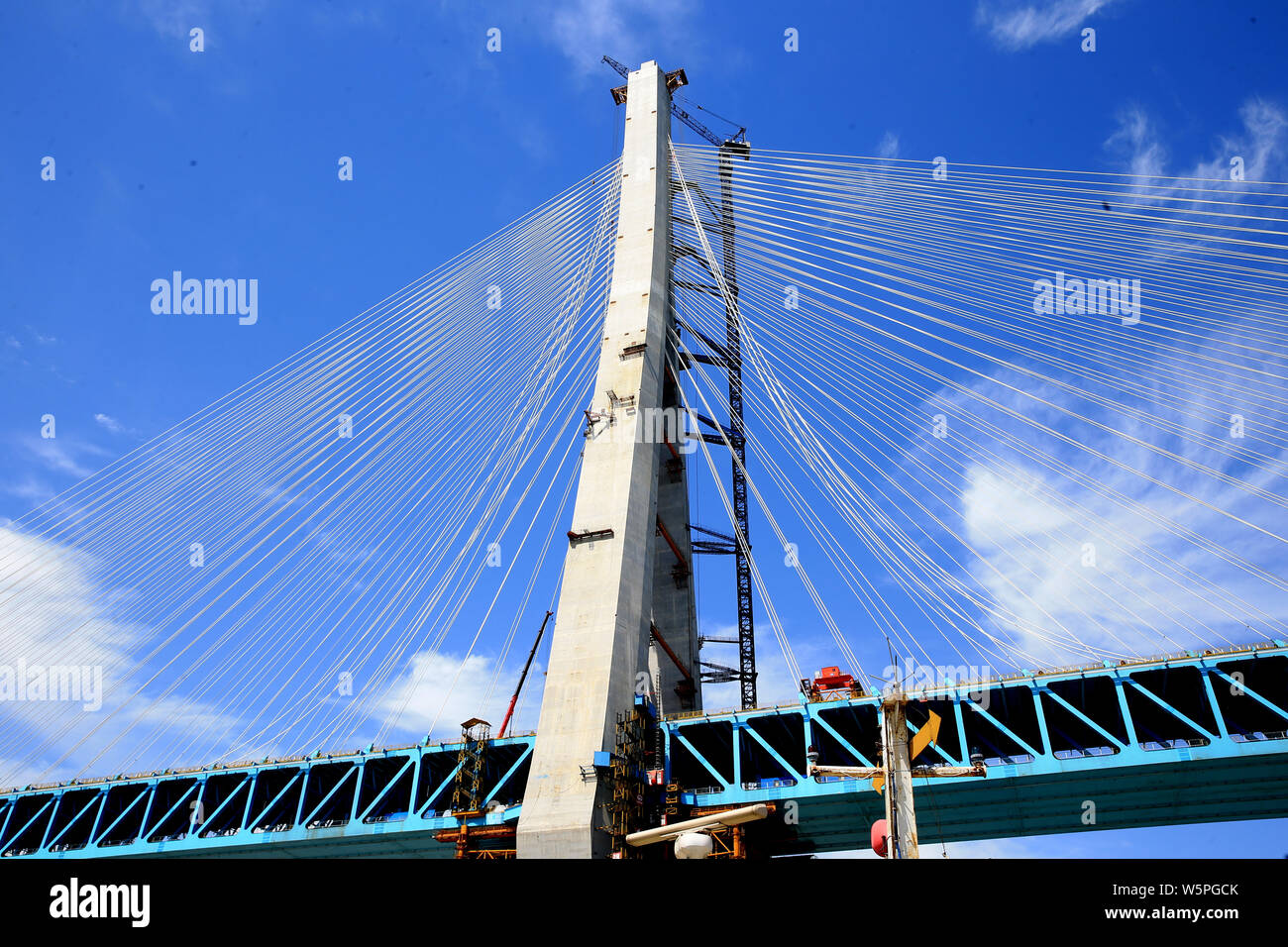 View of the steel truss girder of the world's longest cable-stayed ...