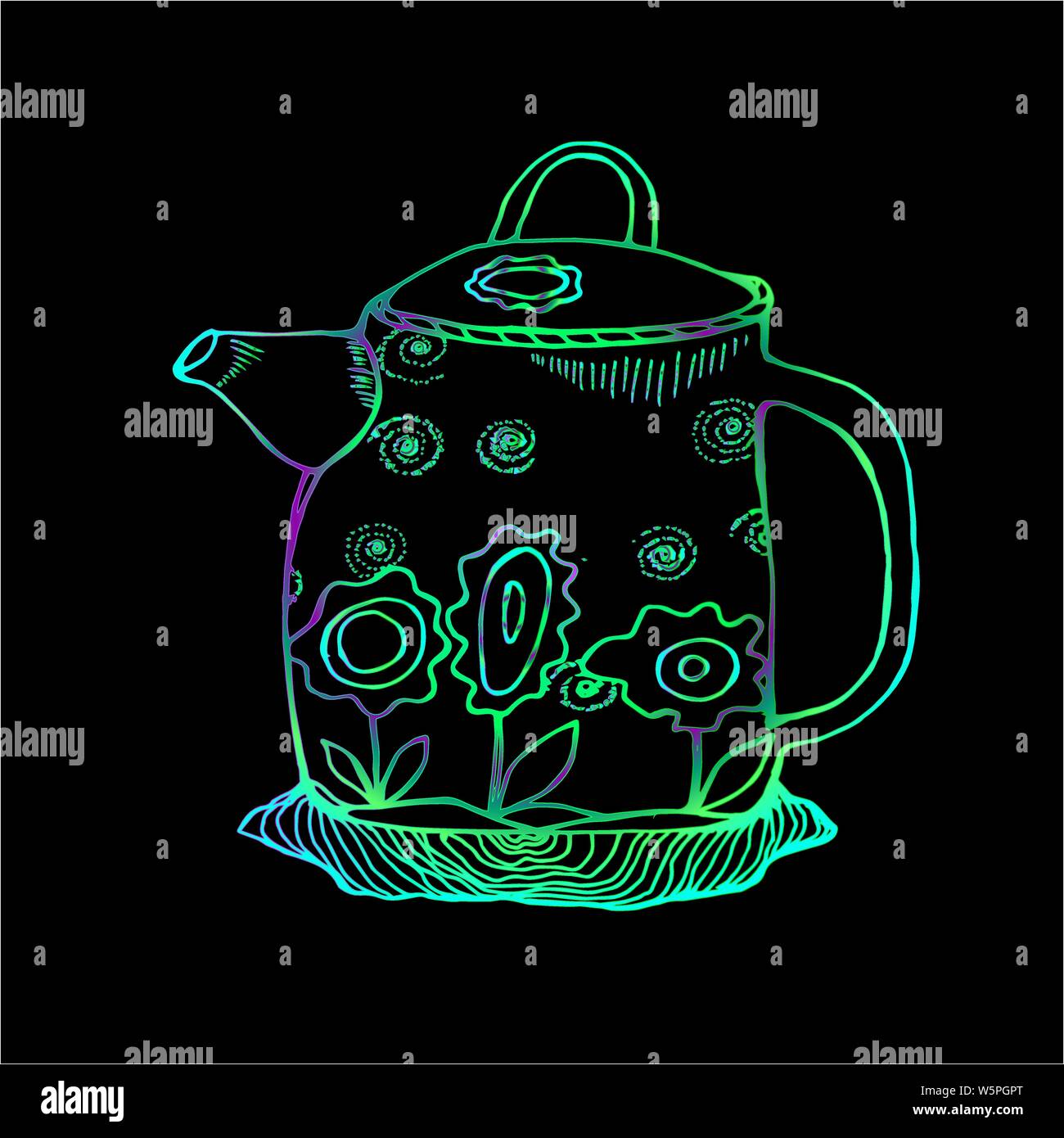 Neon illustration of a flower decorated teapot in the old style Stock ...