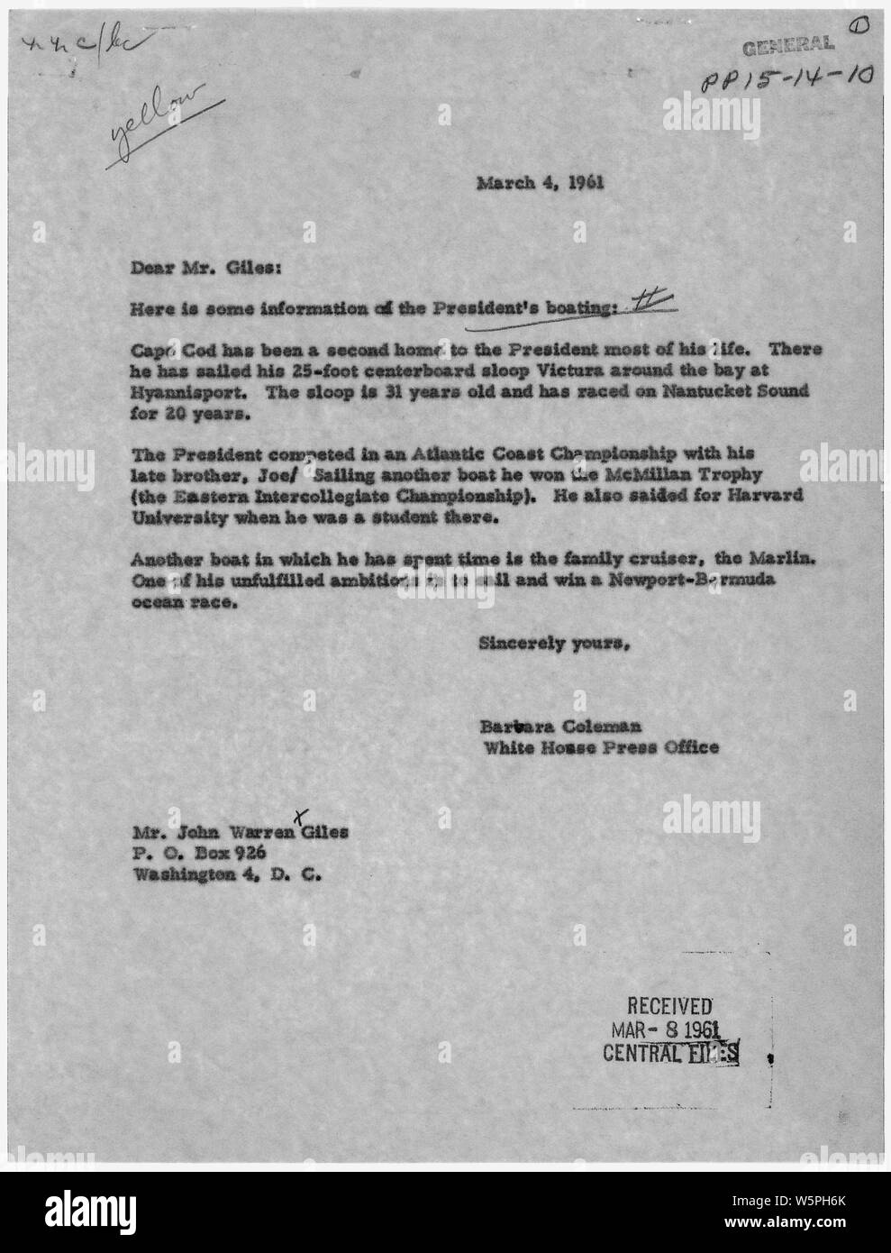 John F. Kennedy and Boating; Scope and content: Letter on the boating ...