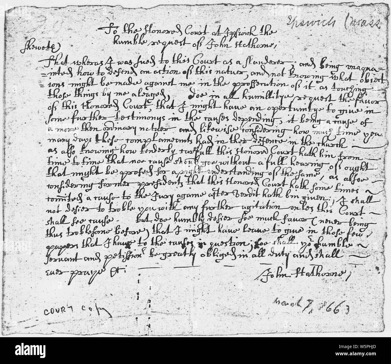 John Hathorne Court Document March 7, 1665; Scope and content ...