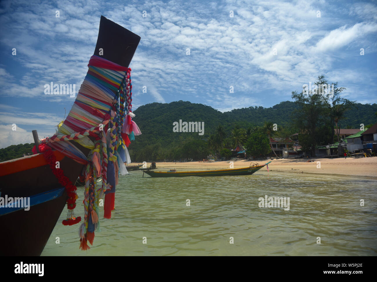 The Bow of a longtail taxi boat, moored off Sairee beach, Koh Tao ...