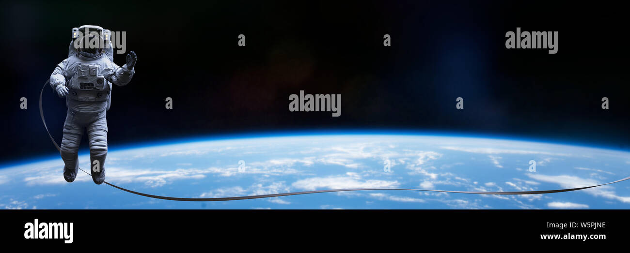 astronaut with safety tether performing a spacewalk in empty space (3d ...