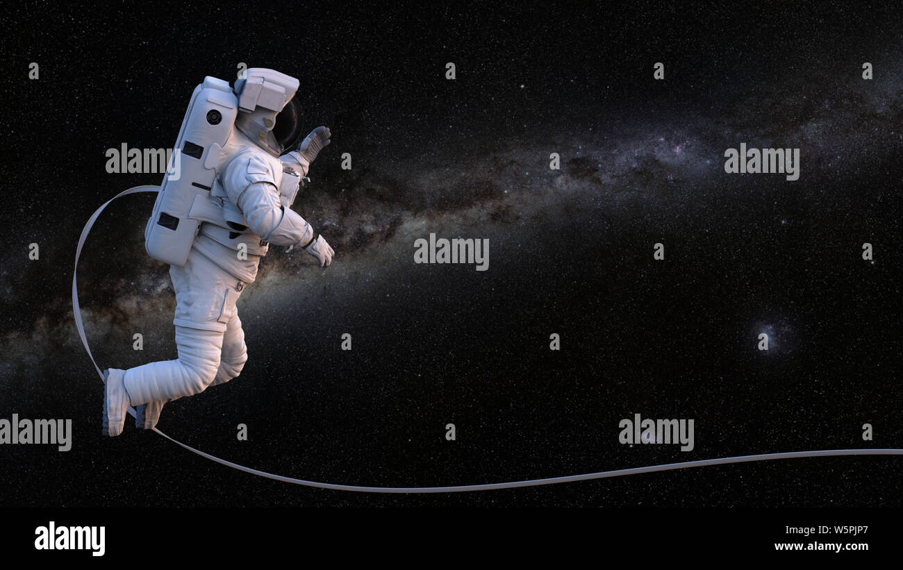 astronaut with safety tether performing a spacewalk in empty space ...