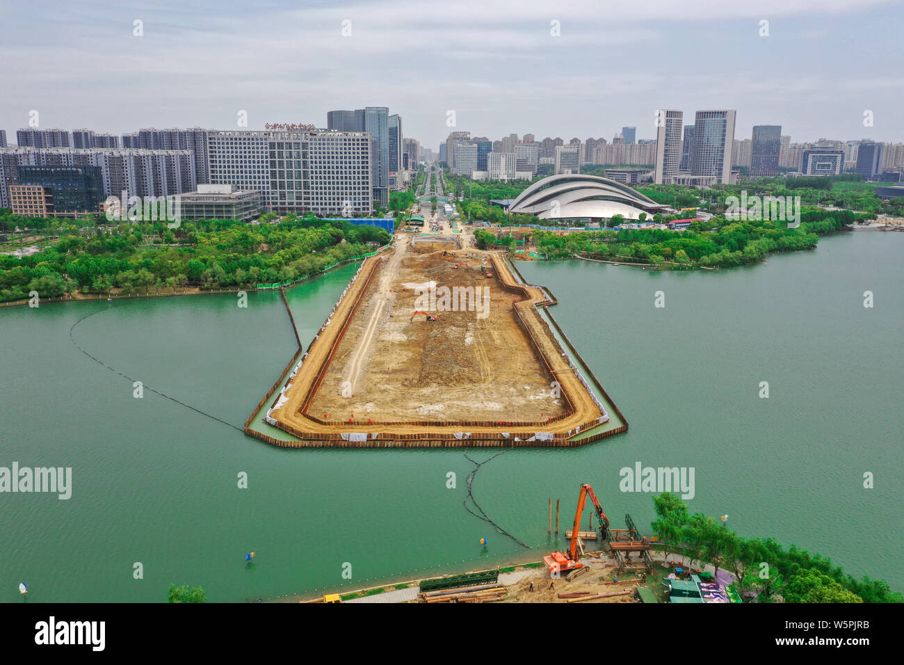 Aerial view of the counstruction site of Swan Lake Tunnel in Hefei city ...
