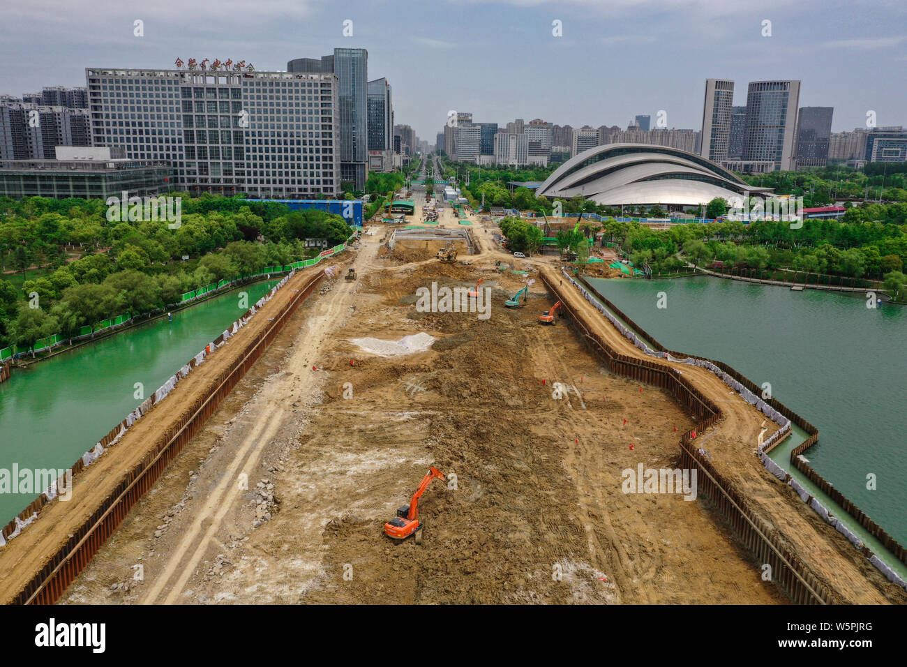 Aerial view of the counstruction site of Swan Lake Tunnel in Hefei city ...