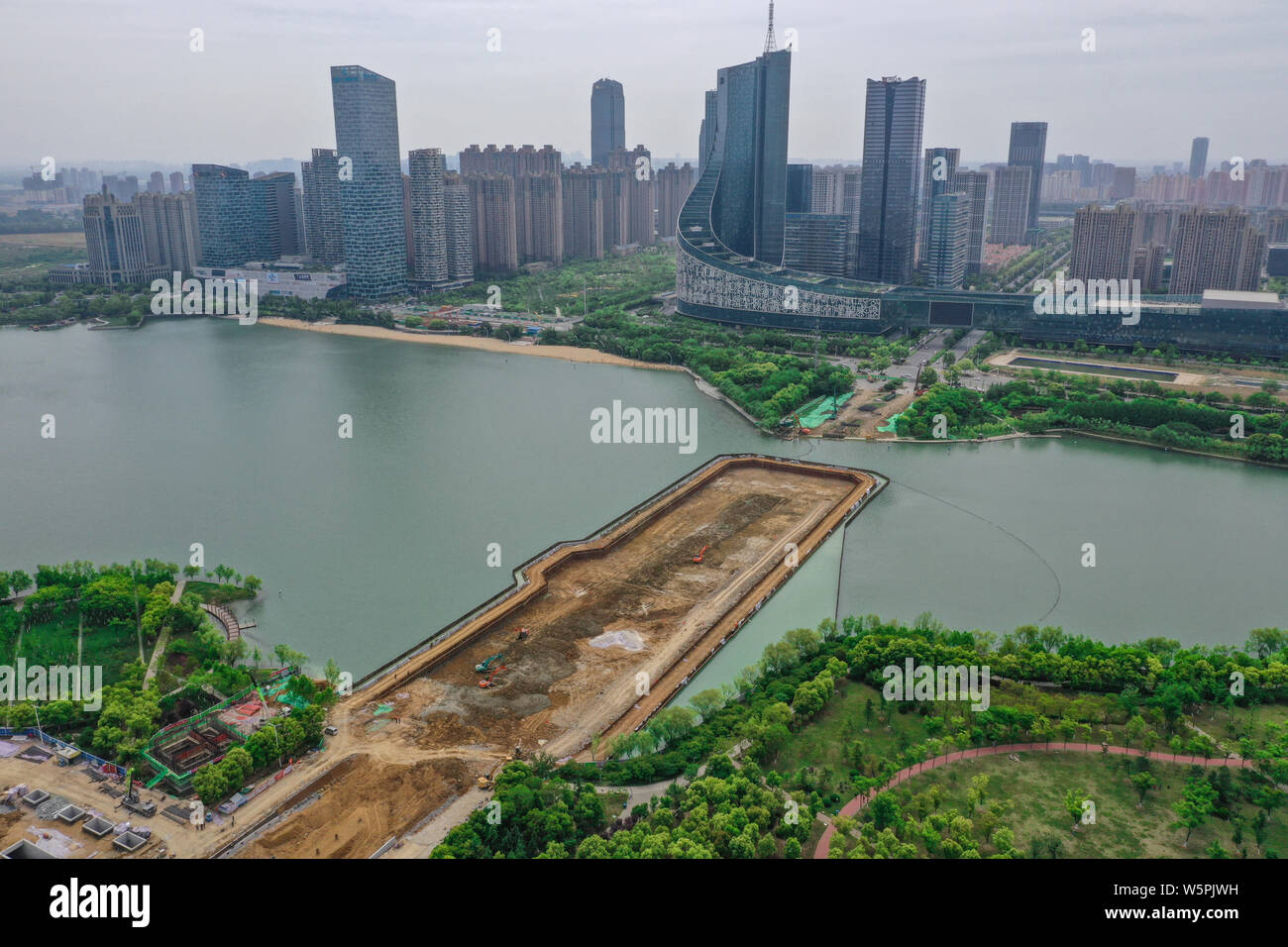 Aerial view of the counstruction site of Swan Lake Tunnel in Hefei city ...